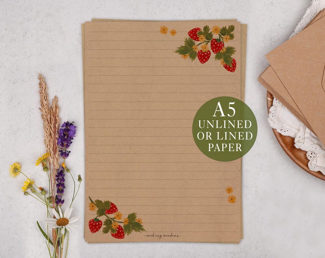 A5 Kraft Letter Writing Paper With Strawberry Fruit - Lined or Unlined ...