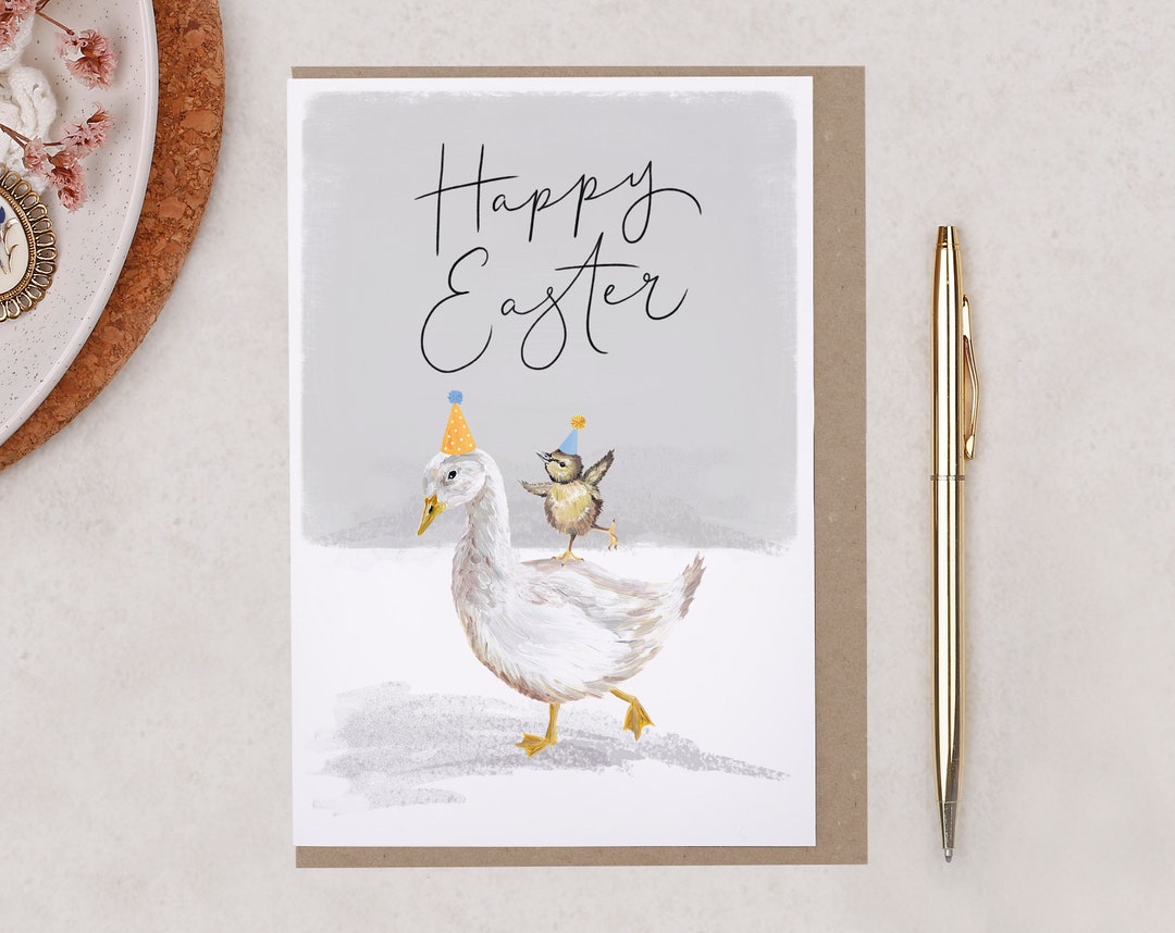 Happy Easter Duck and Chick Card, Cute Easter Greeting Card, Farmyard Animal Easter Card, Grey ...