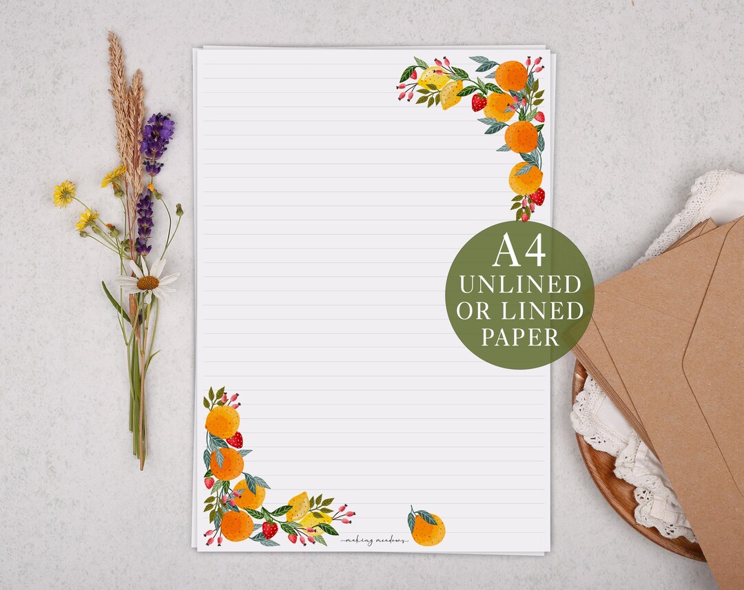 A4 Letter Writing Paper With Orange Fruit - Lined or Unlined Stationery ...