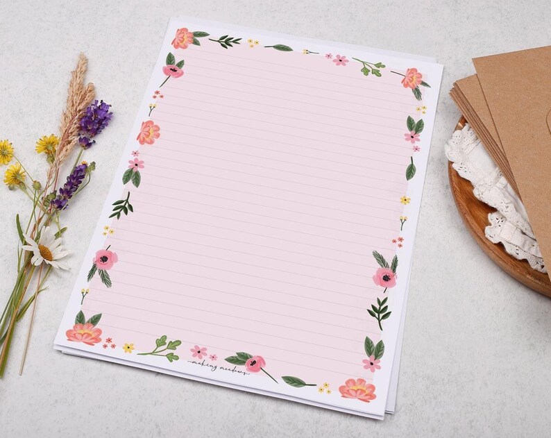 A4 Letter Writing Paper With Pink Floral Flowers - Lined or Unlined ...