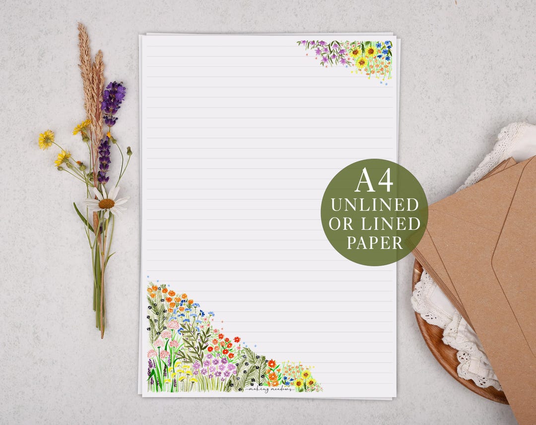 A4 Letter Writing Paper With Watercolour Floral Flowers - Lined or ...
