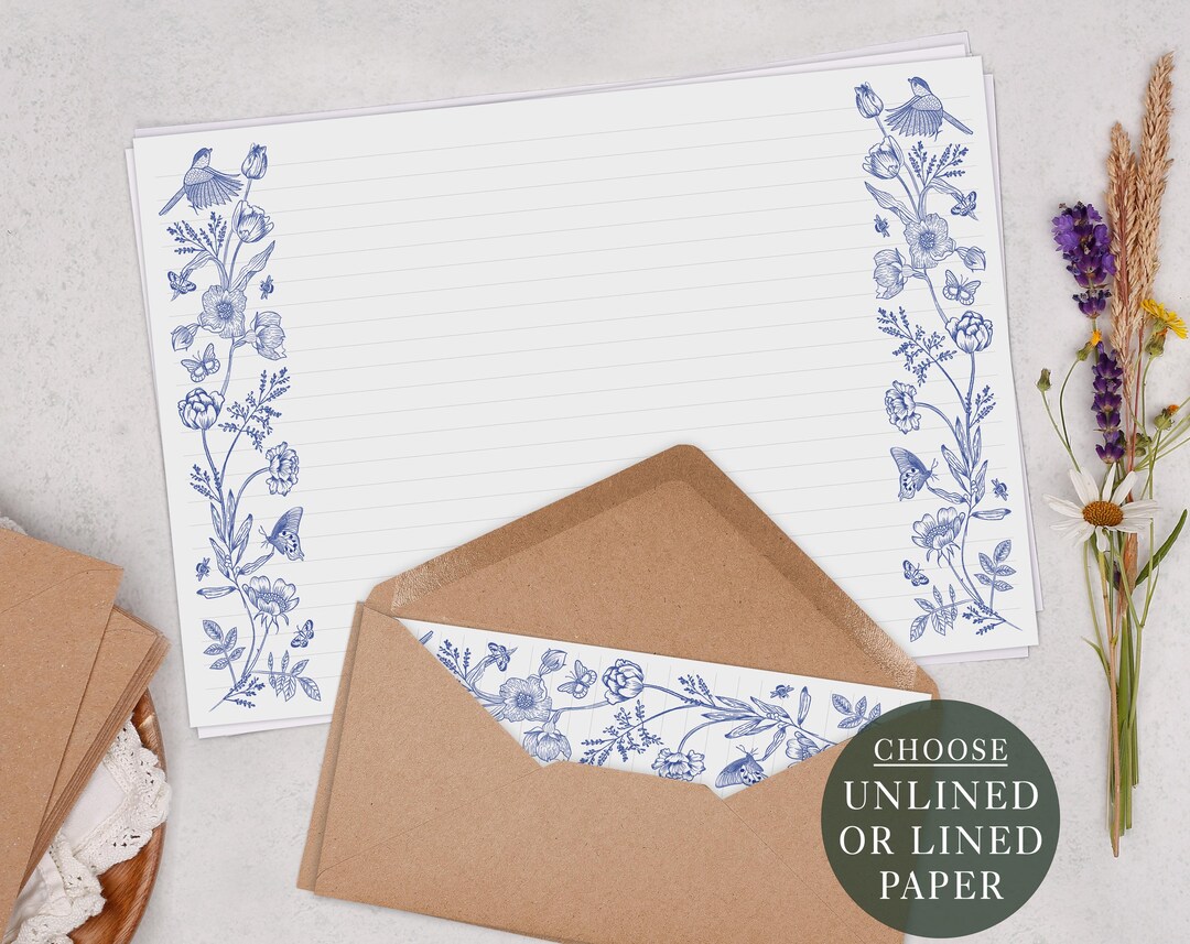 A4 Landscape Letter Writing Paper Sheets With Blue Flower & Bird Design ...