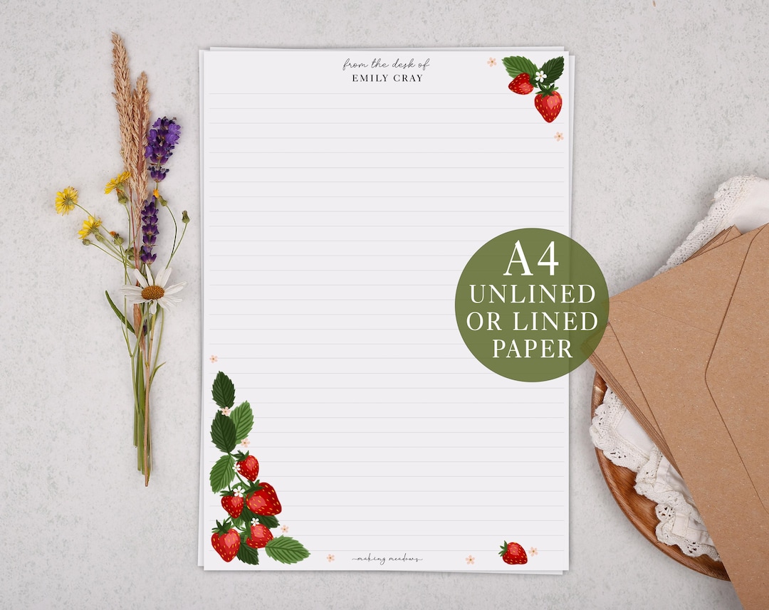 A4 Personalised Letter Writing Paper With Strawberry Fruit - Lined or ...