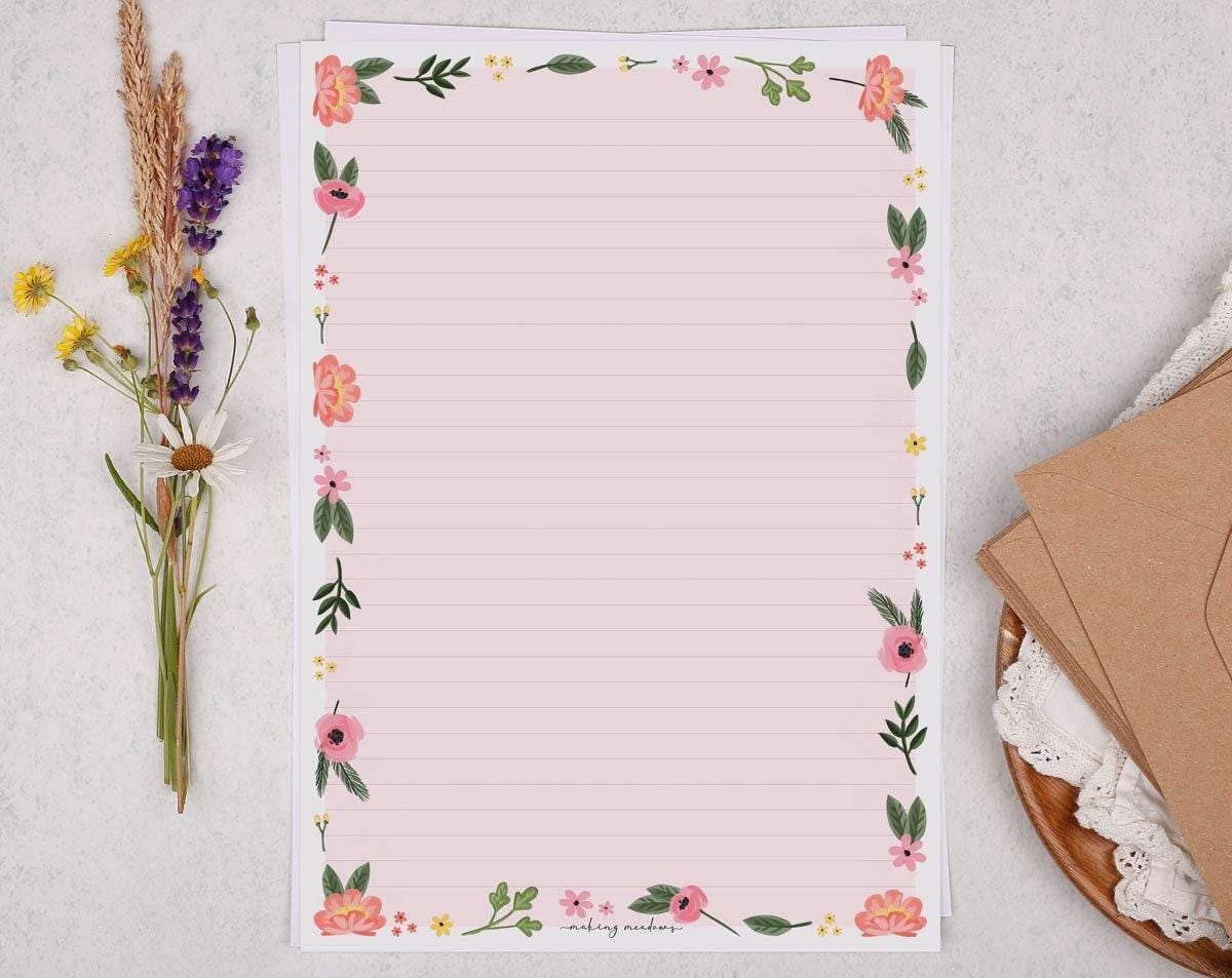 A4 Letter Writing Paper With Pink Floral Flowers - Lined or Unlined ...