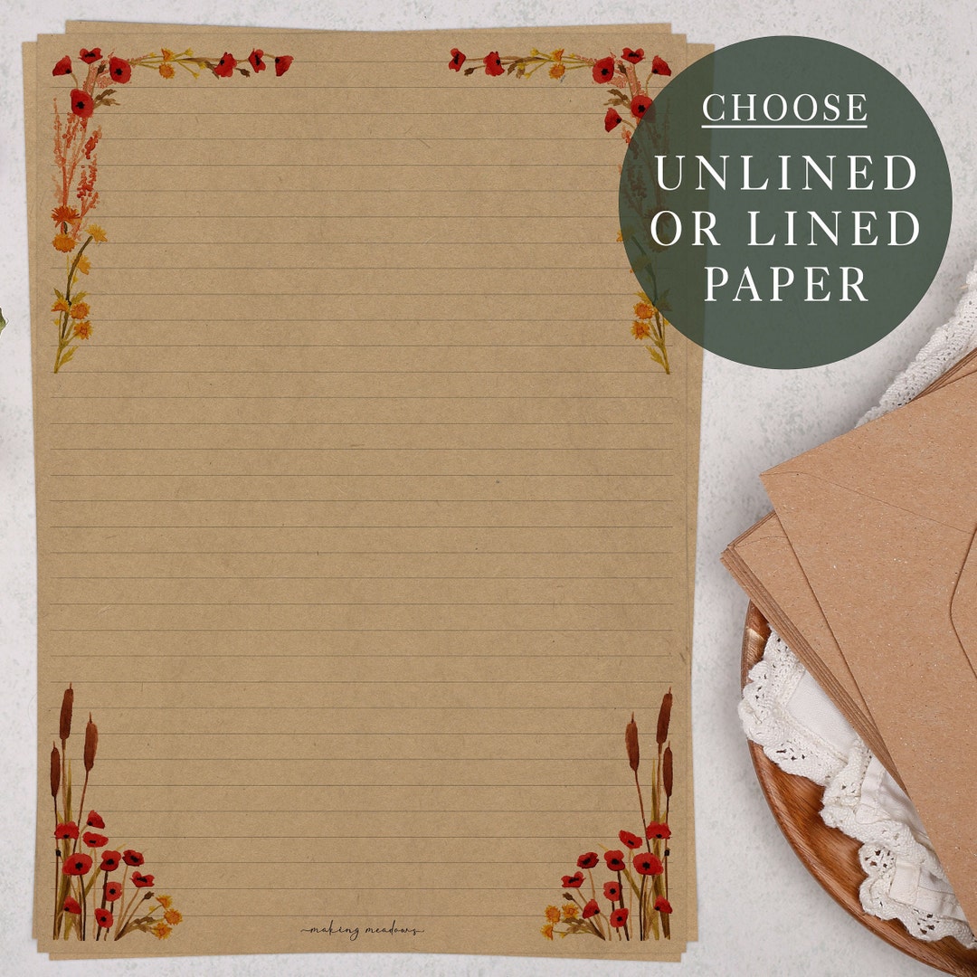 A4 Kraft Letter Writing Paper Sheets | Floral Poppy & Reed Flower ...