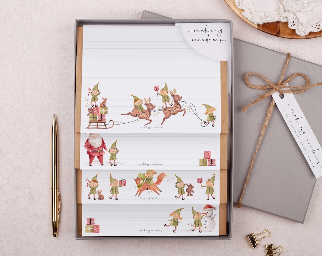 A5 Letter Writing Paper Christmas Elf Design, Kraft Envelopes - Lined ...