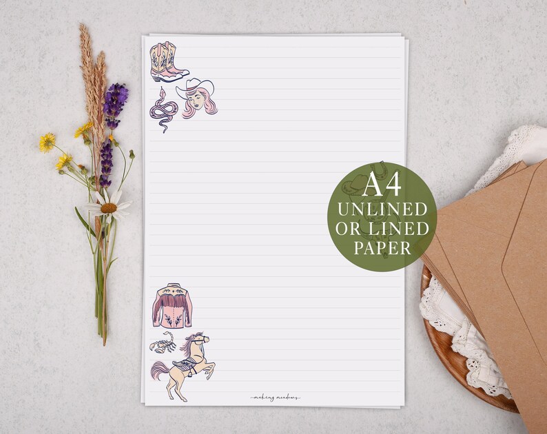 A4 Letter Writing Paper With Pink Cowgirl Rodeo - Lined or Unlined ...