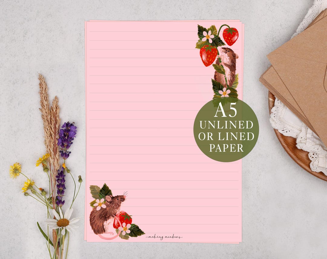 A5 Pink Letter Writing Paper With Strawberry Mice - Lined or Unlined ...