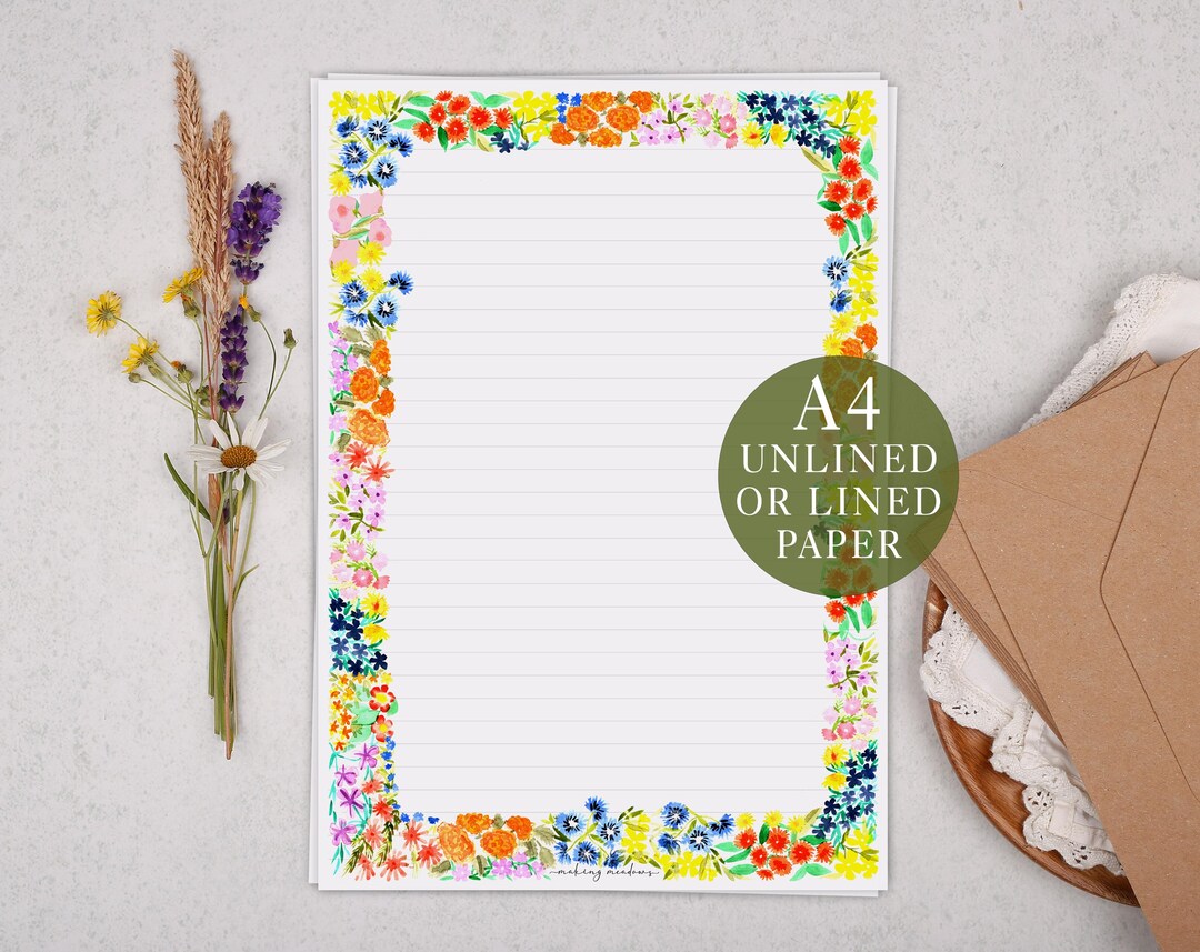 A4 Letter Writing Paper With Watercolour Floral Border - Lined or ...