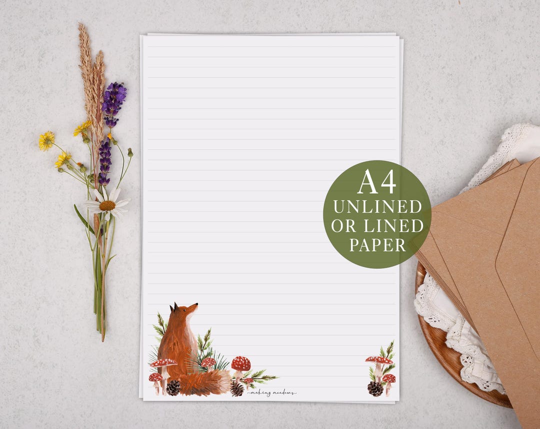 A4 Letter Writing Paper With Fox - Lined or Unlined Stationery Set - Etsy