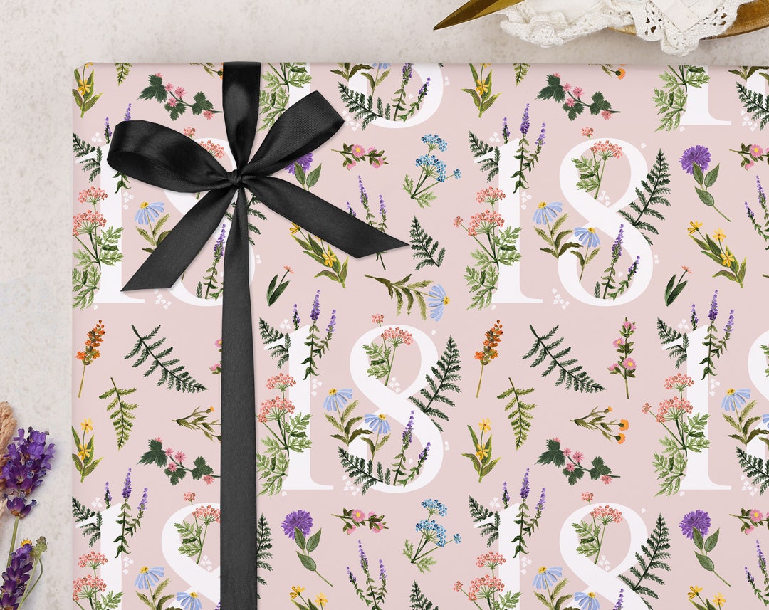 18th Birthday Wrapping Paper Floral | Pink Flower 18 Milestone Gift ...