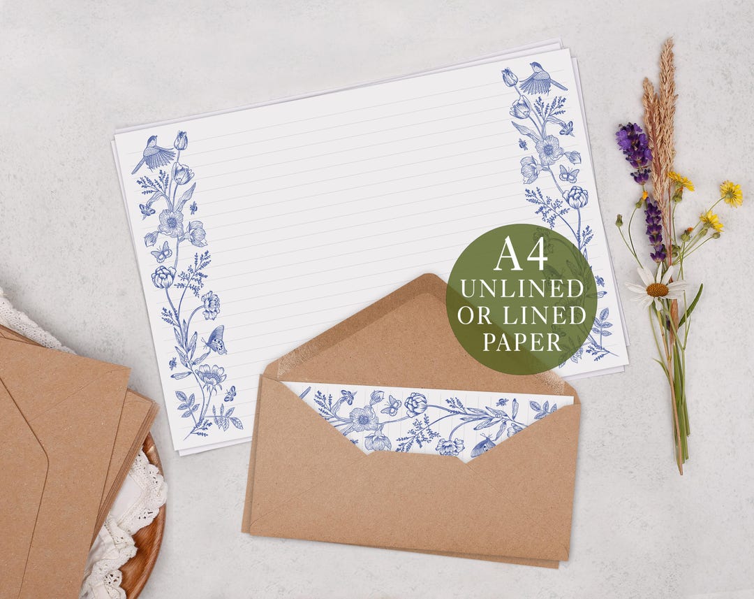 A4 Landscape Letter Writing Paper With Blue Flower & Birds - Lined or ...