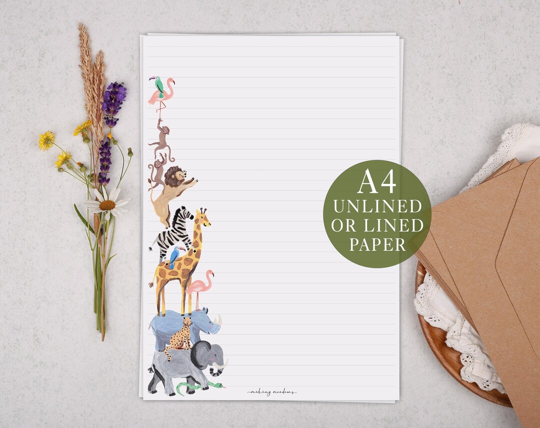 A4 Letter Writing Paper With Children's Safari Animals - Lined or ...