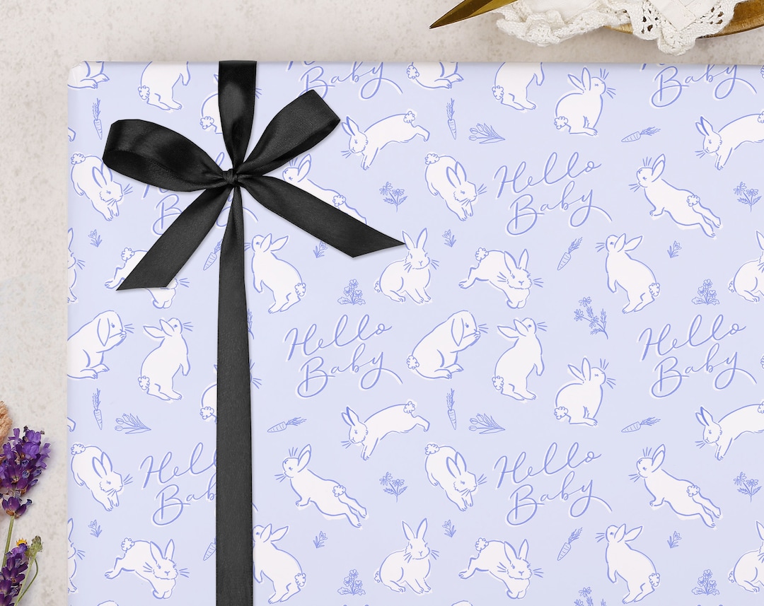 Blue Baby Shower Wrapping Paper With Bunny Rabbits | Cute Hello Baby ...