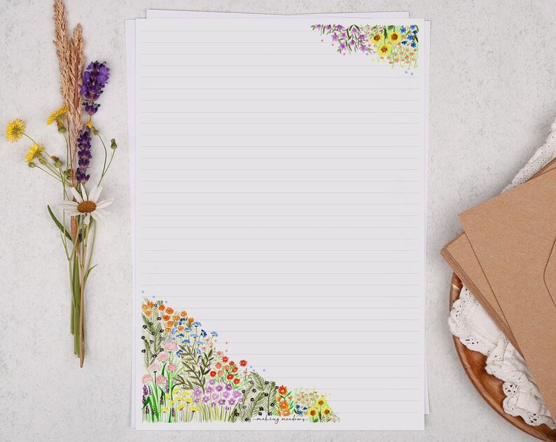 A4 Letter Writing Paper With Watercolour Floral Flowers - Lined or ...