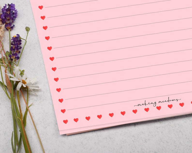 A5 Pink Letter Writing Paper With Hearts - Lined or Unlined Stationery ...