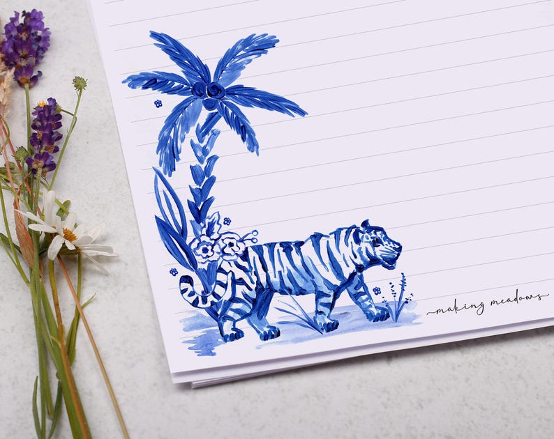 A4 Letter Writing Paper With Blue Tiger - Lined or Unlined Stationery ...