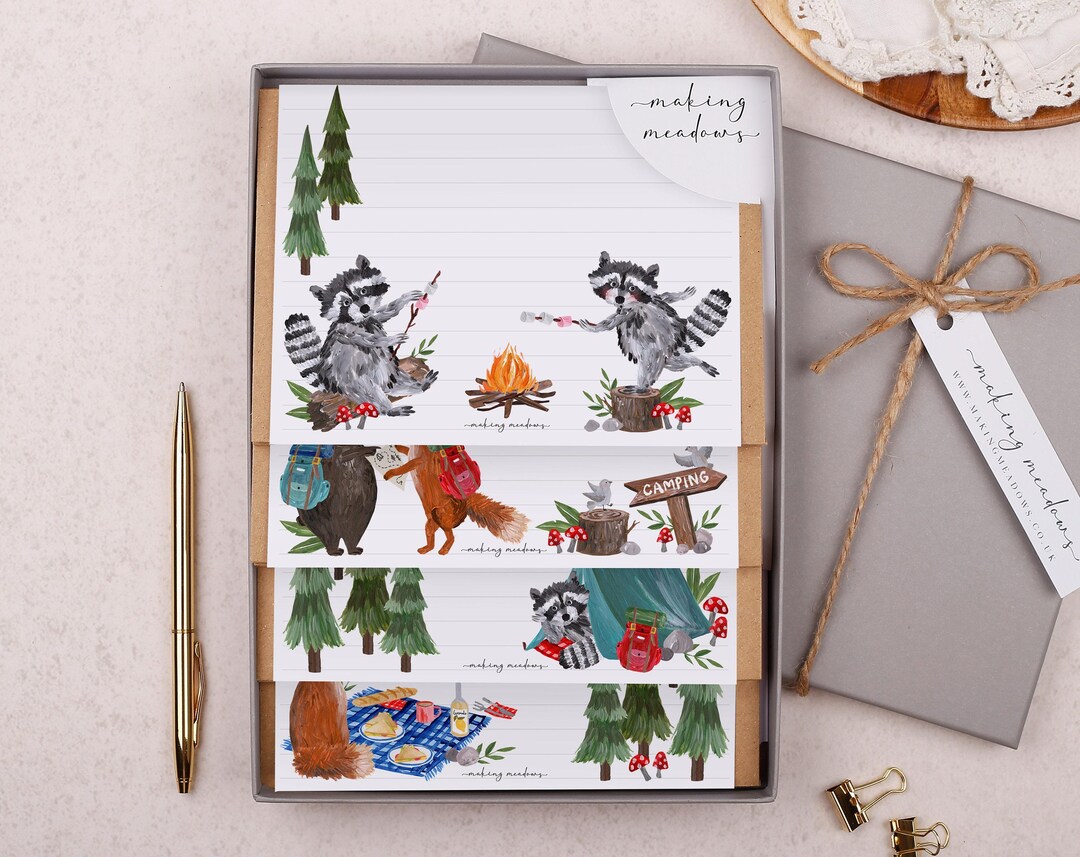 A5 Letter Writing Paper Animal Camping Design, Kraft Envelopes - Lined ...