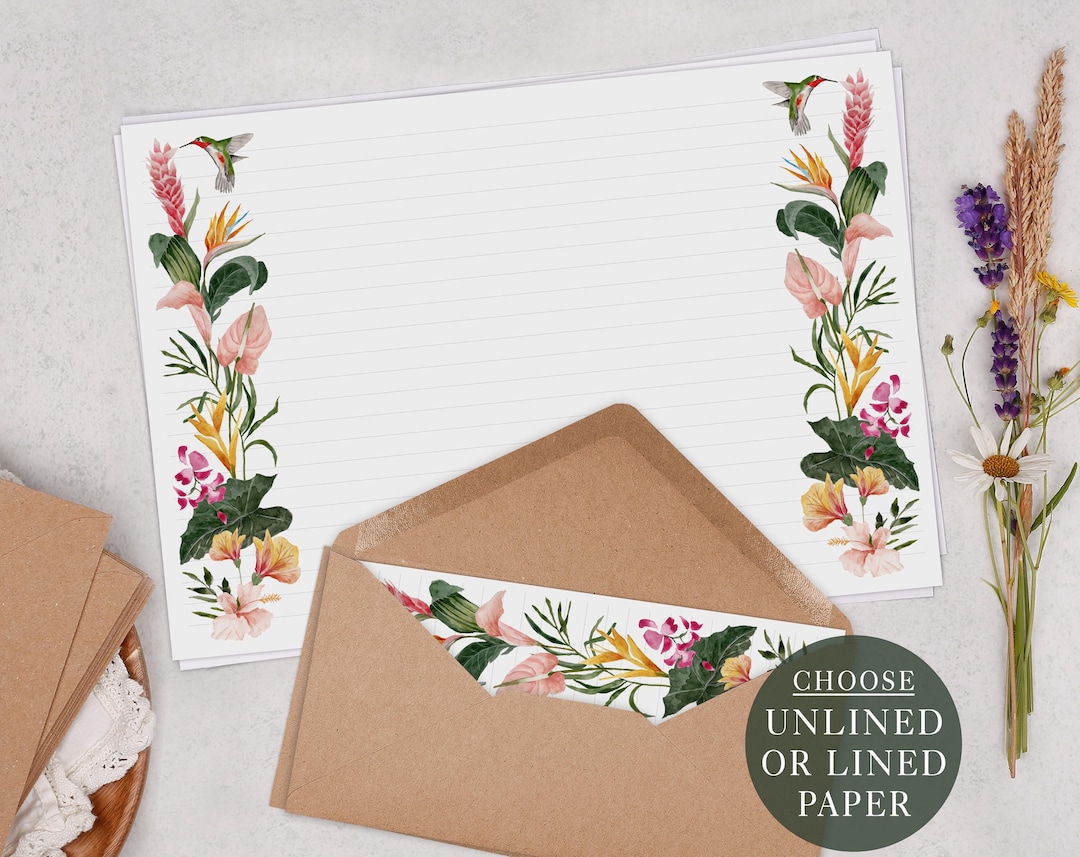 A4 Landscape Letter Writing Paper With Tropical Flowers & Hummingbird ...