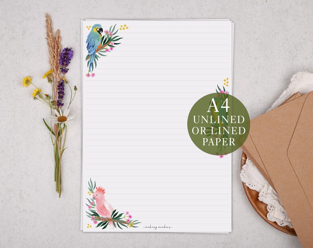 A4 Letter Writing Paper With Parrot Birds - Lined or Unlined Stationery ...