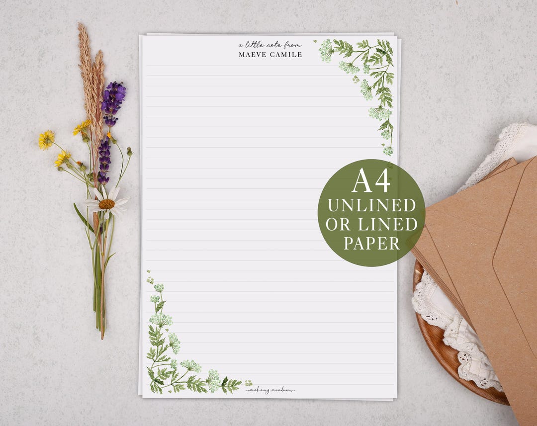 A4 Personalised Letter Writing Paper With Botanical Border - Lined or ...