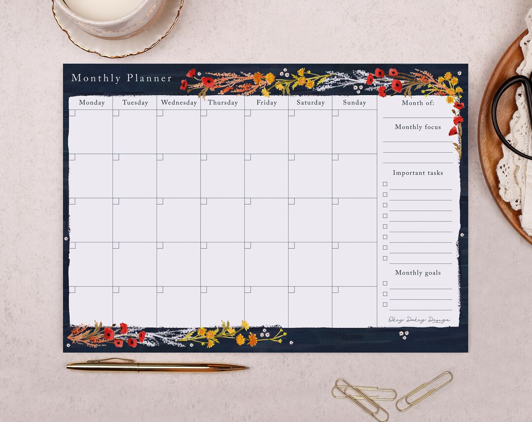 Monthly Planner Pad With Navy Floral Design - Office Desk Scheduling ...
