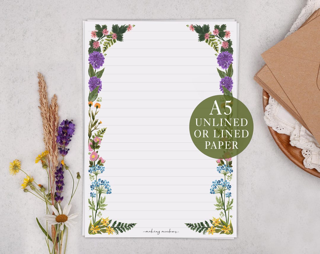 A5 Letter Writing Paper With Meadow Flower Border - Lined or Unlined ...