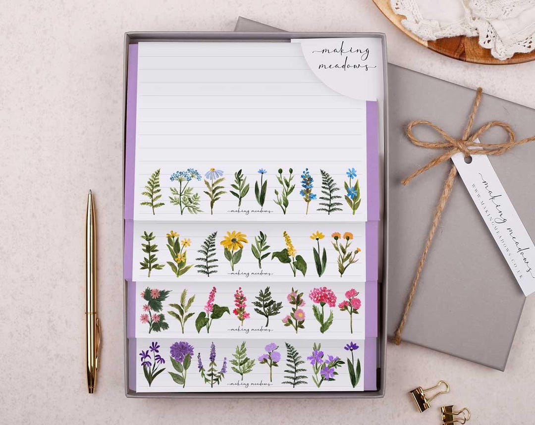 A5 Letter Writing Paper Meadow Flowers Design, Purple Envelopes - Lined ...