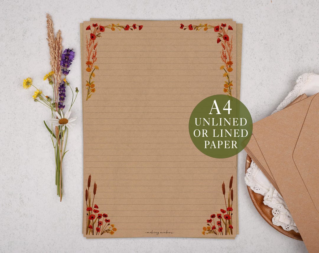 A4 Kraft Letter Writing Paper With Poppy Flowers - Lined or Unlined ...