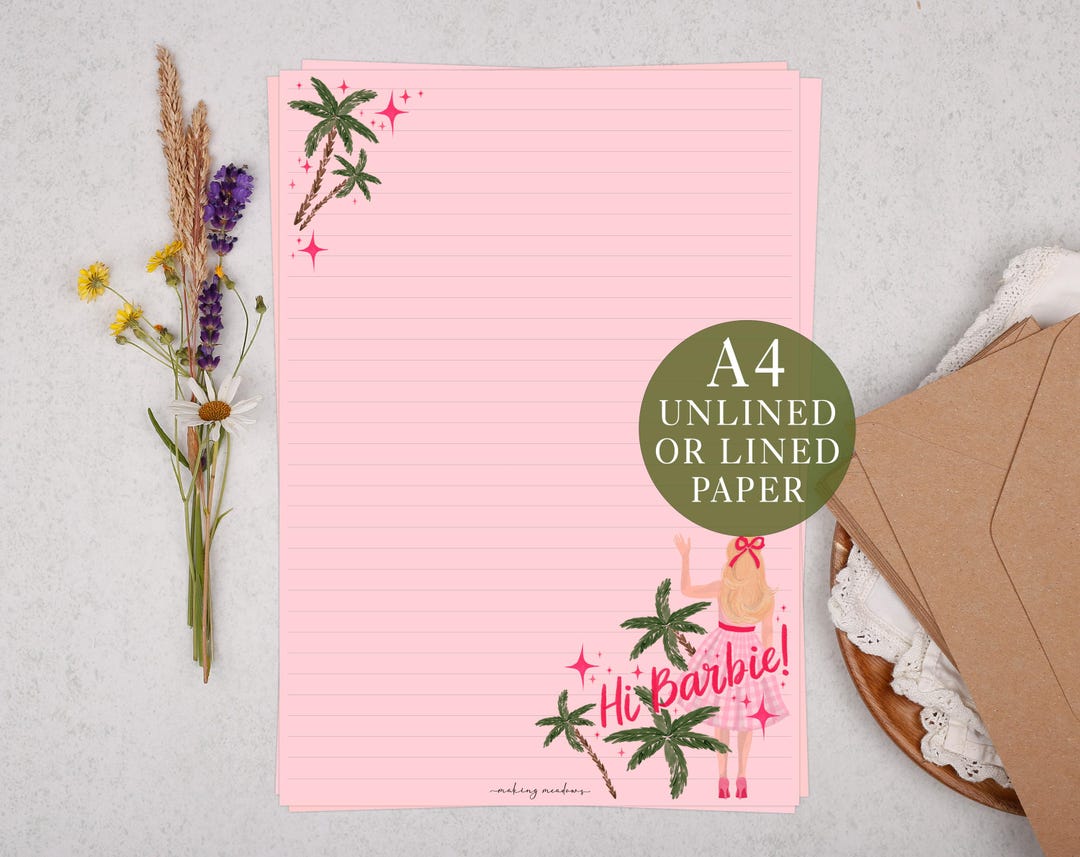A4 Pink Letter Writing Paper With Barbie - Lined or Unlined Stationery ...