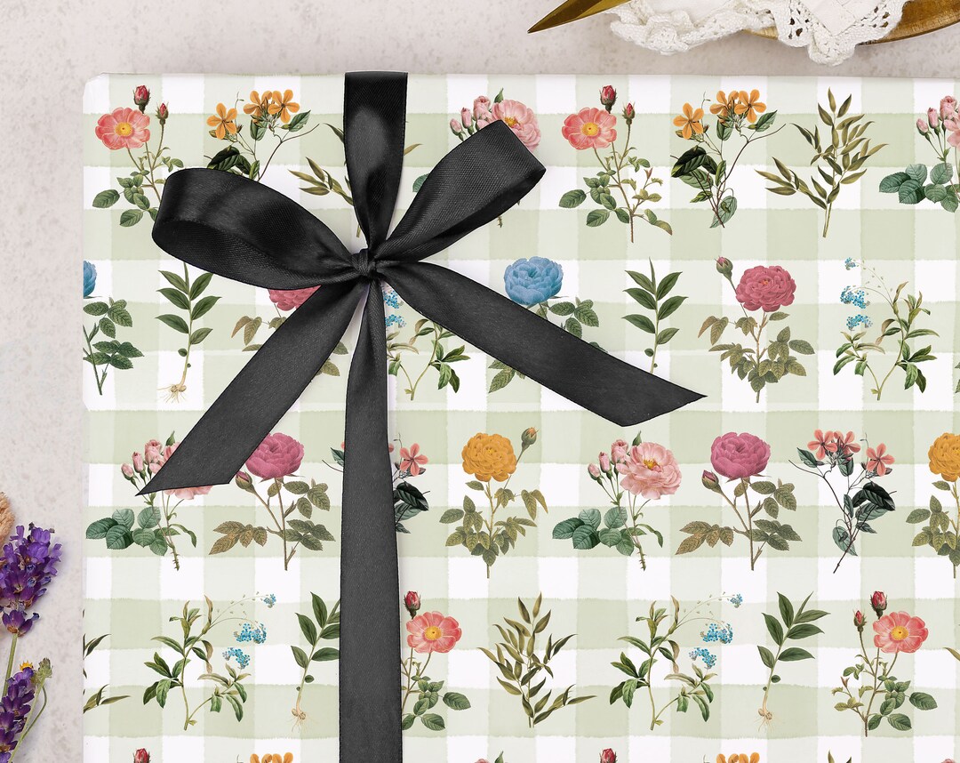 Floral Wrapping Paper for Her | Green Gingham Traditional Flower Gift ...