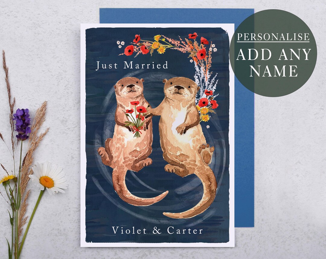 Personalised Just Married Wedding Card | Otters Holding Hands ...