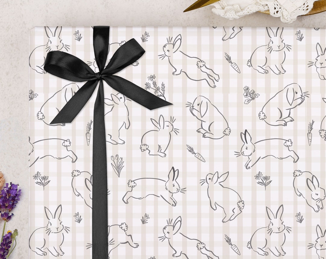 Rabbit Easter Wrapping Paper With Beige Gingham | Cute Bunny Gift Wrap ...