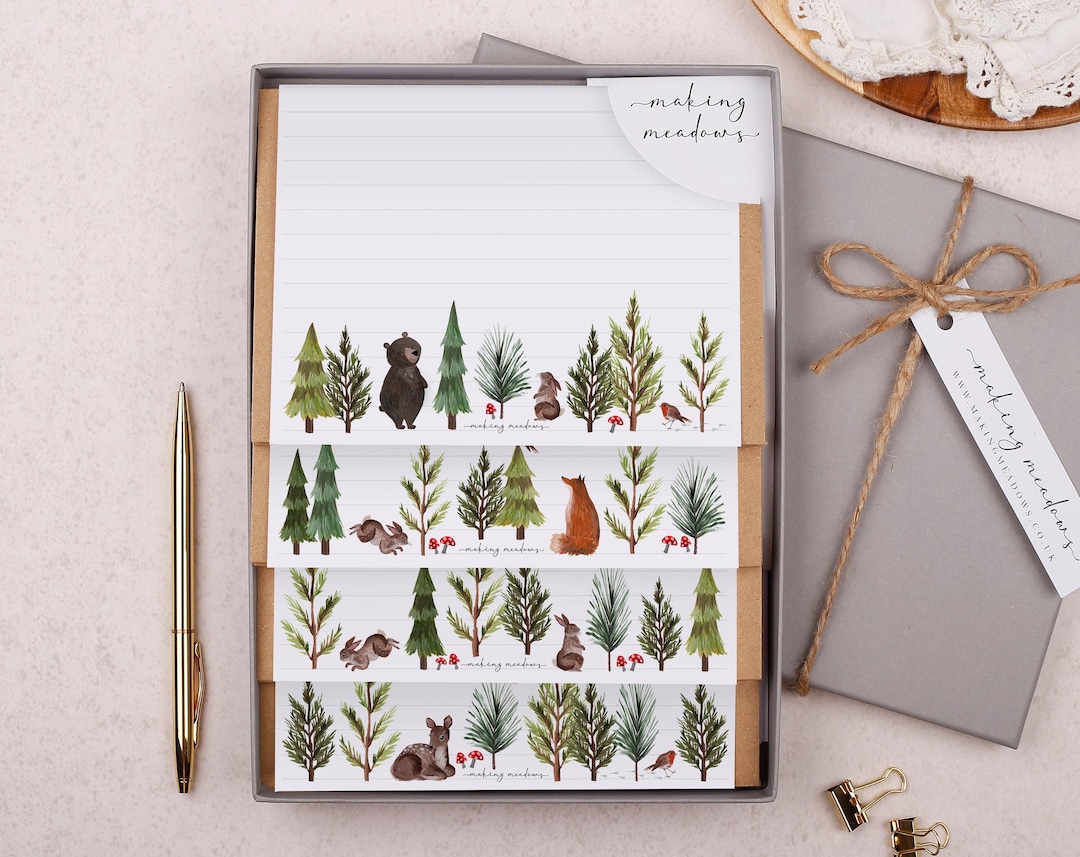 A5 Letter Writing Paper Woodland Animal Design, Kraft Envelopes - Lined ...