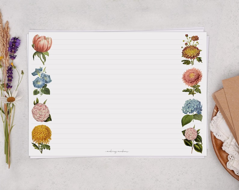 A4 Landscape Letter Writing Paper With Vintage Flower - Lined or ...