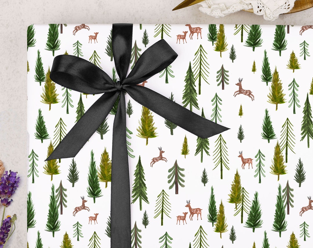 Deer Christmas Wrapping Paper | Forest Christmas Tree & Reindeer Gift ...