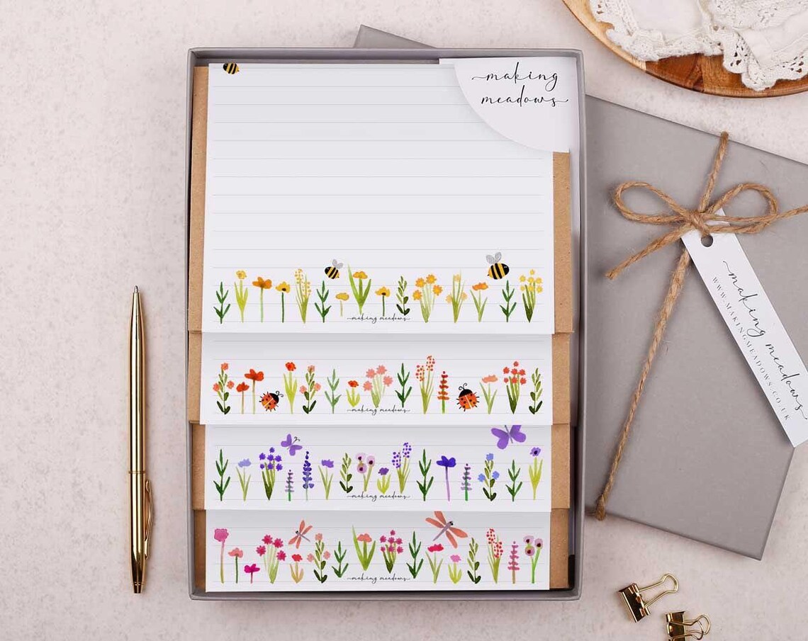 Papel para escribir cartas A5 con diseño floral, sobres kraft, con o ...