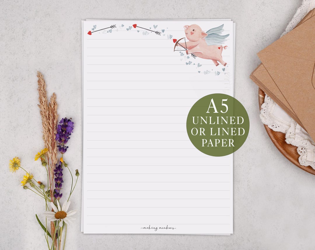 A5 Letter Writing Paper With Cupid Pig - Lined or Unlined Stationery ...