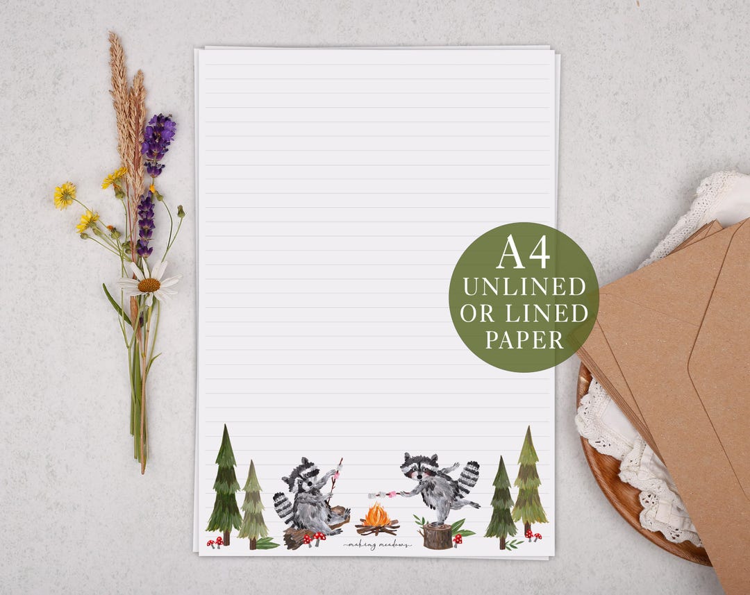 A4 Letter Writing Paper With Raccoons Camping - Lined or Unlined ...