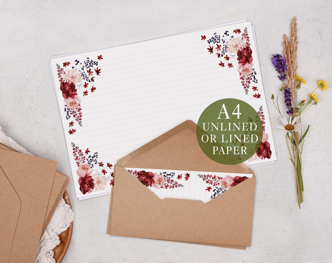 A4 Landscape Letter Writing Paper With Red & Pink Flowers - Lined or ...