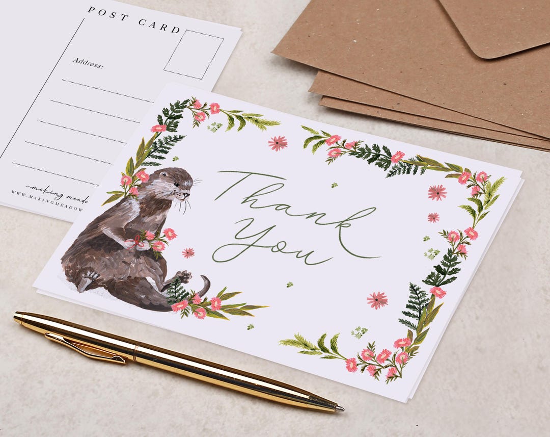 Otter Pink Floral Postcard Pack | Wedding or Party Thank You Notecard ...