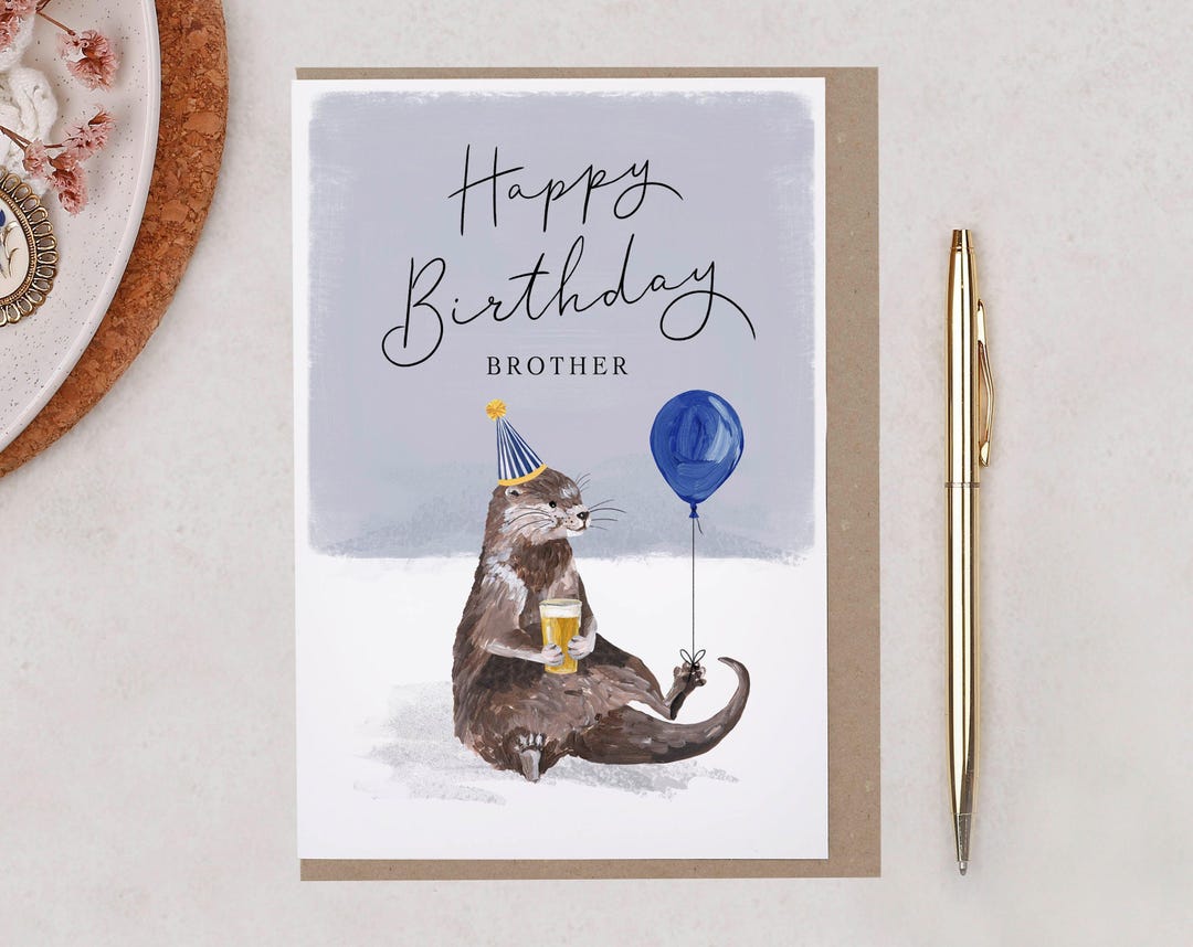 Otter Birthday Card for Brother - Beer & Blue Balloon Design - Etsy