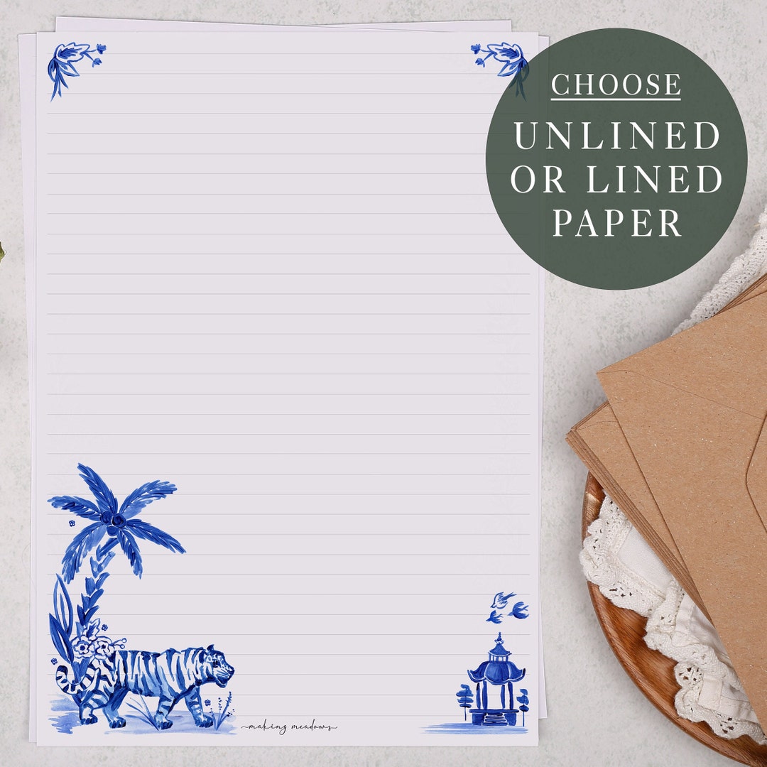 A4 Letter Writing Paper With Blue Tiger - Lined or Unlined Stationery ...