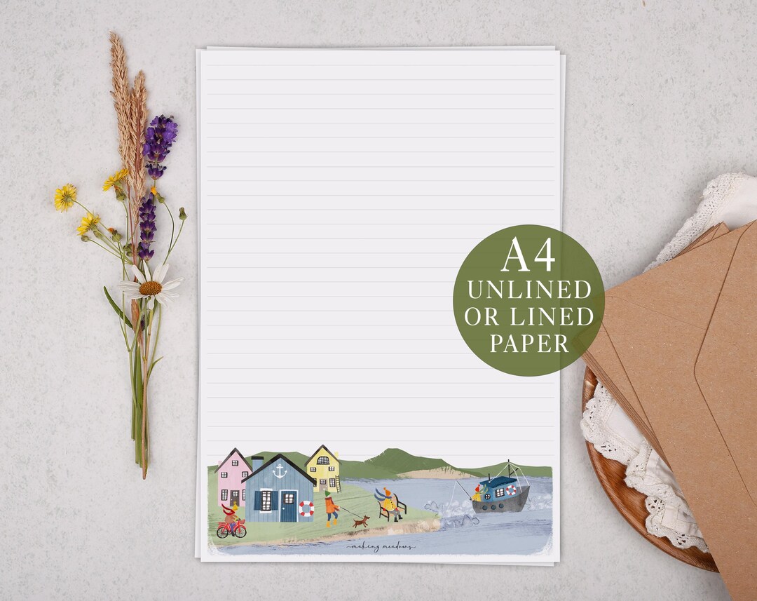 A4 Letter Writing Paper With Costal Village - Lined or Unlined ...