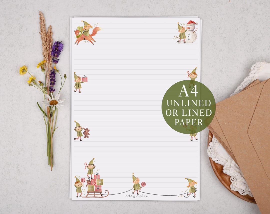 A4 Letter Writing Paper With Christmas Elf - Lined or Unlined ...