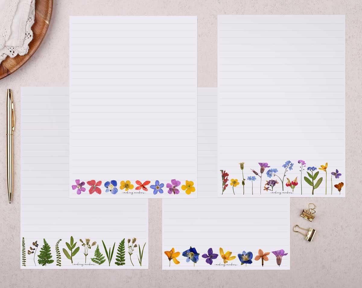 A5 Letter Writing Paper Pressed Flower Design, Kraft Envelopes - Lined ...