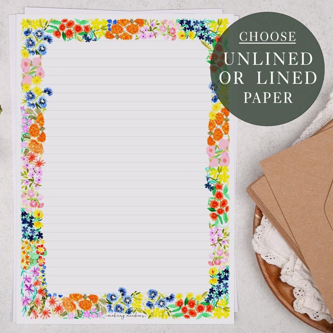 A4 Letter Writing Paper With Watercolour Floral Border - Lined or ...