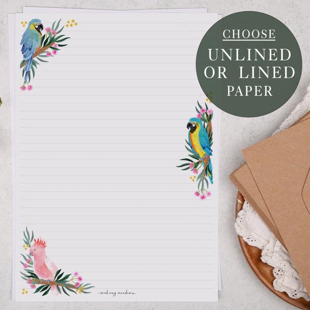 A4 Letter Writing Paper With Parrot Birds - Lined or Unlined Stationery ...