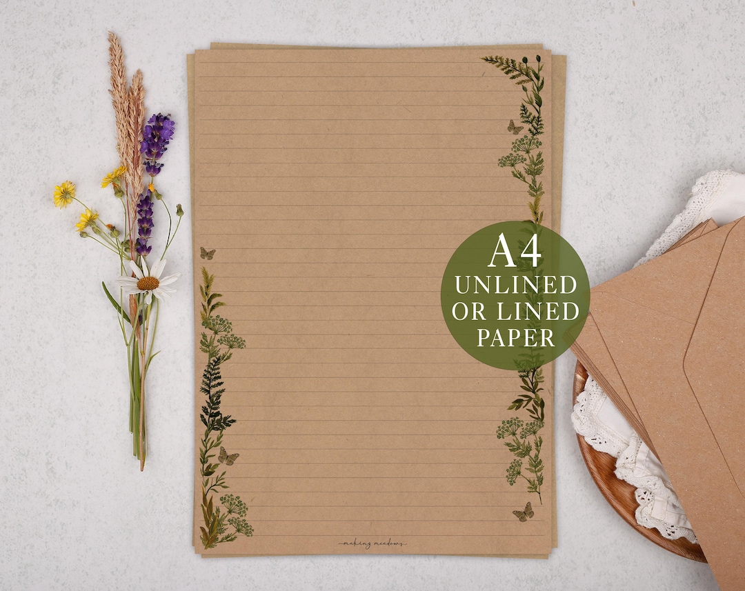 A4 Kraft Letter Writing Paper With Botanical Greenery - Lined or ...