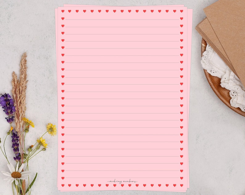 A5 Pink Letter Writing Paper With Hearts - Lined or Unlined Stationery ...